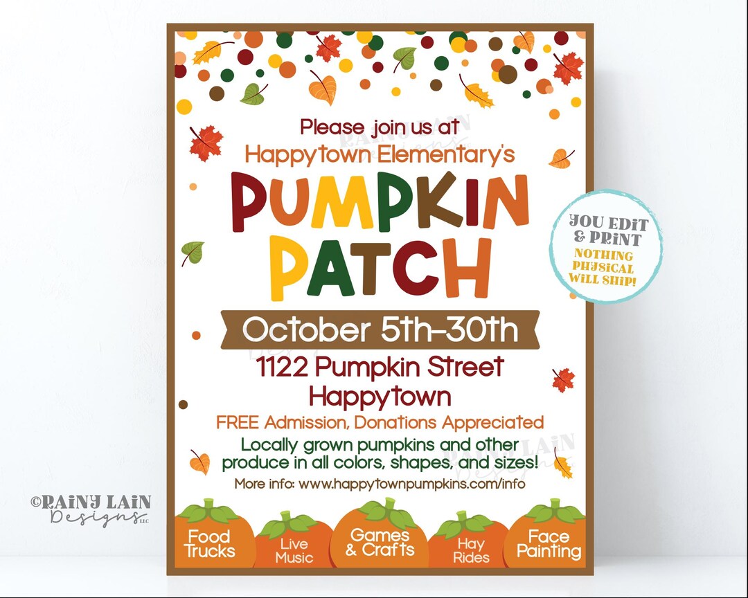 Pumpkin Patch Flyer Template Editable Fall Harvest Festival Invitation ...