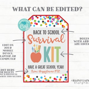 Back to School Survival Kit Tag Editable Emergency 1st Day of School ...