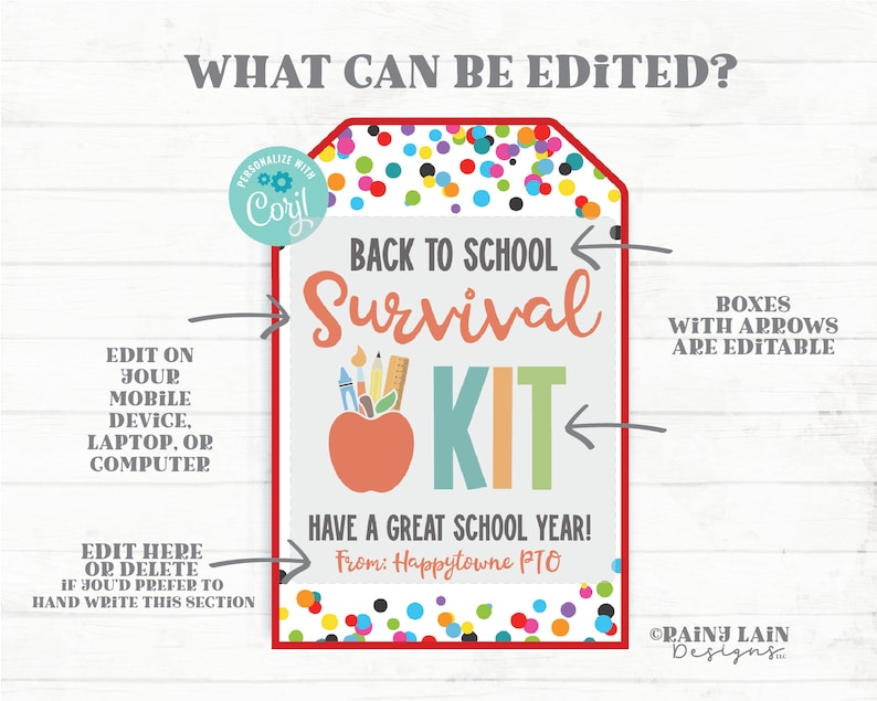 Back to School Survival Kit Tag Editable Emergency 1st Day of School ...