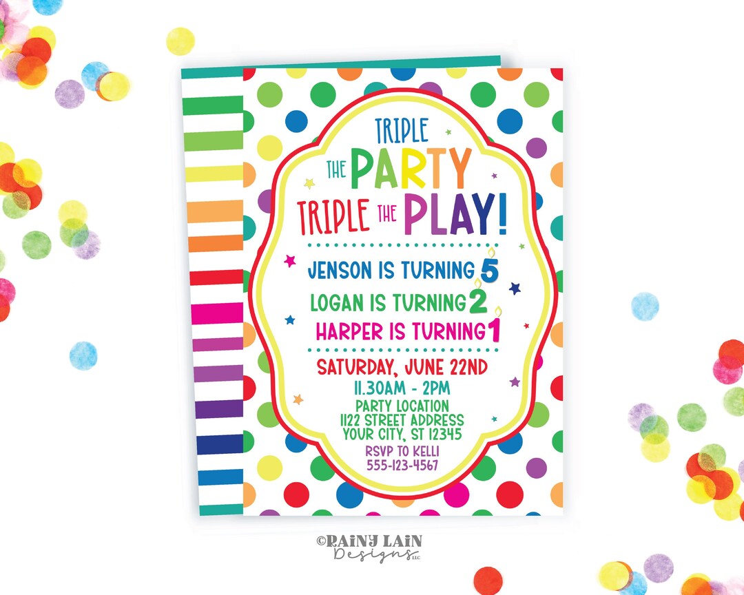 Triple the Party Triple the Fun Invitation, Joint Birthday Invite, Girl ...