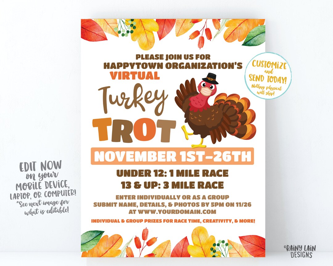 Virtual Turkey Trot Flyer, Thanksgiving Fundraiser Flyer, Turkey ...