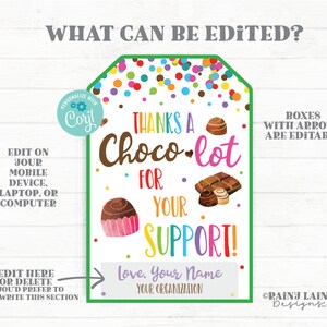 Thanks a Choco-lot for Your Support Tags Chocolate Fundraiser Thank You ...