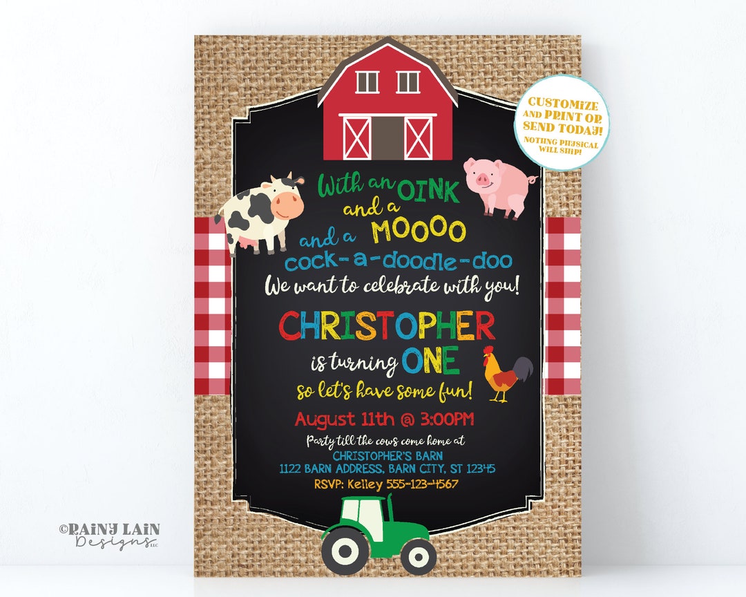 Farm Birthday Party Invitation Barnyard Animals Barn Burlap Red Gingham ...
