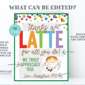 Thanks a Latte Sign, Teacher Appreciation, Staff Room Coffee Sign ...