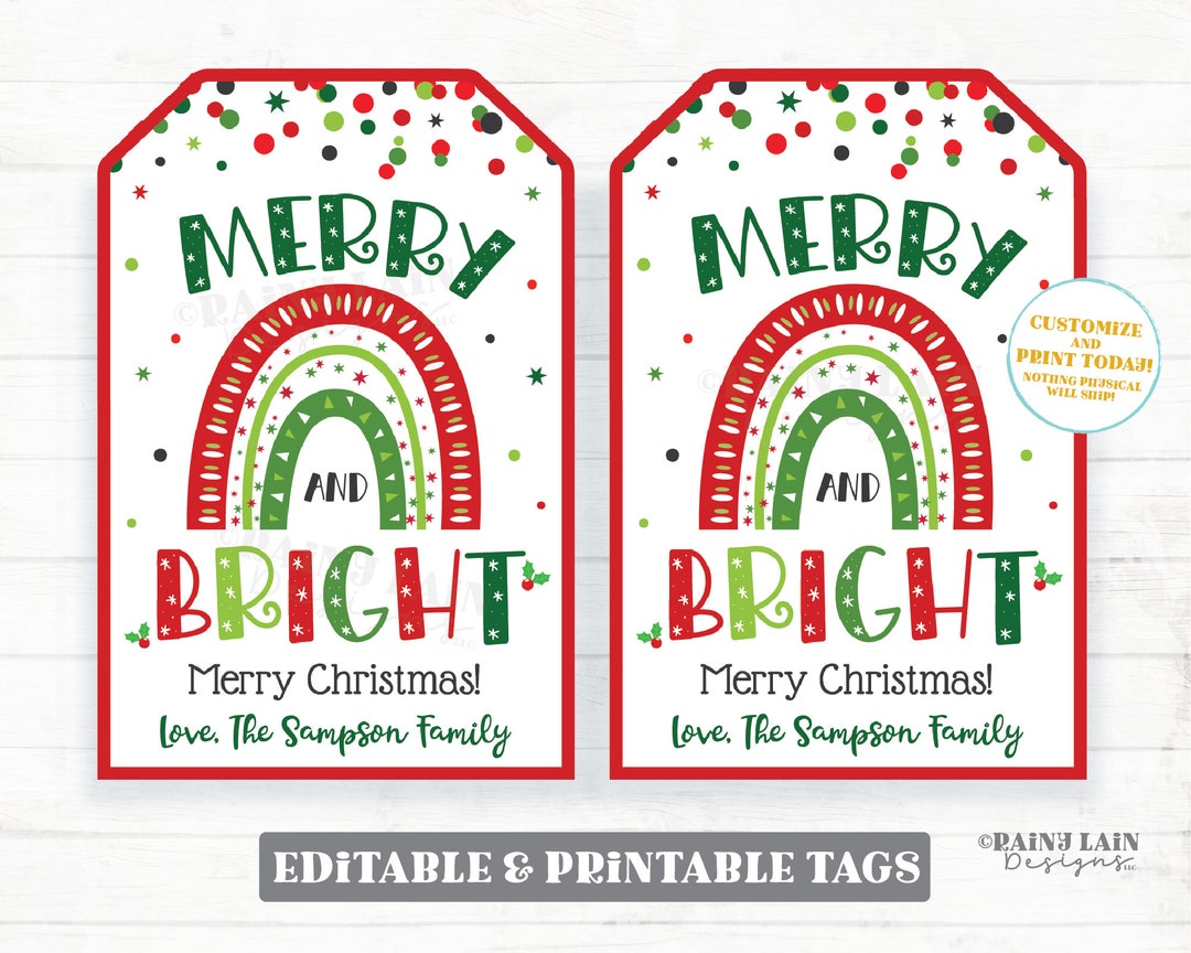 Merry and Bright Tag Christmas Gift Tag Holiday Rainbow Employee Staff ...
