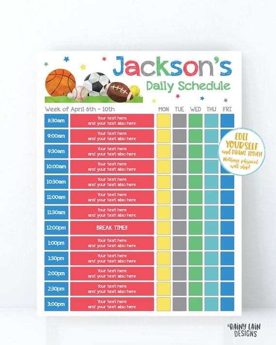FOOTBALL Daily schedule chart Personalise save and print instantly ...