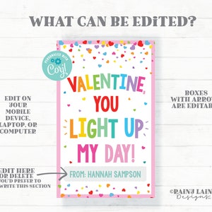 Valentine You Light up My Day Glow Stick Tag Valentine's Day Favor Tag ...