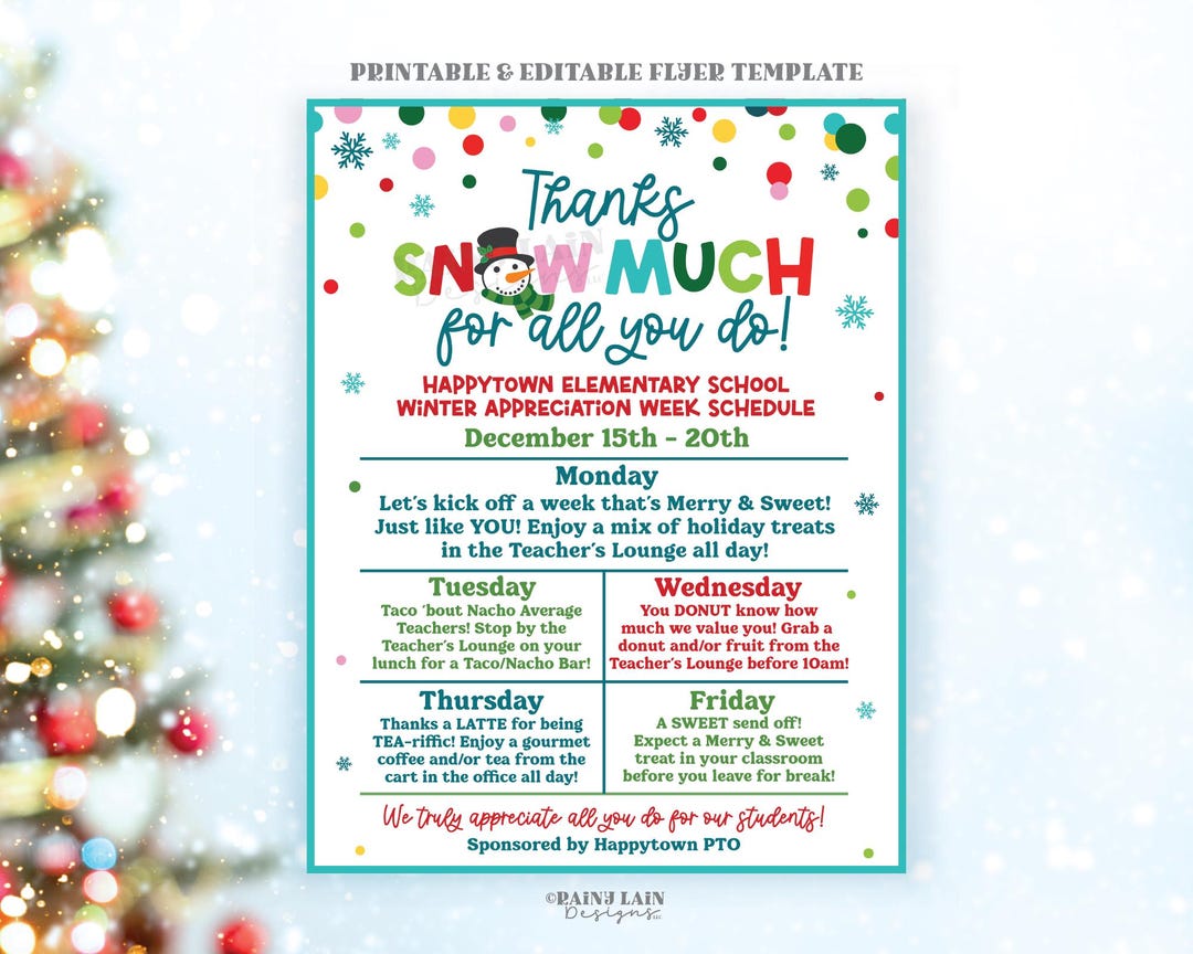 Editable Holiday Appreciation Week Schedule, Printable Snow Much ...