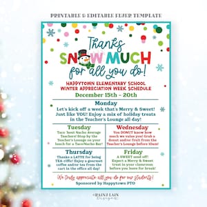 Editable Holiday Appreciation Week Schedule, Printable Snow Much ...