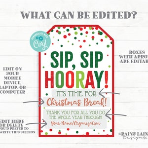 Sip Sip Hooray Christmas Tag Winter Break Straw Favor Drink Coffee ...