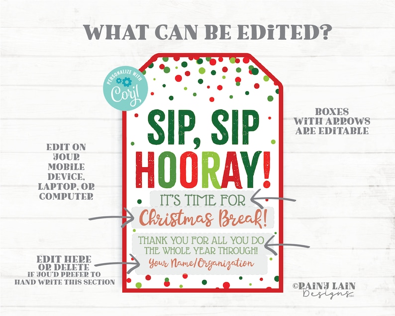 Sip Sip Hooray Christmas Tag Winter Break Straw Favor Drink Coffee ...