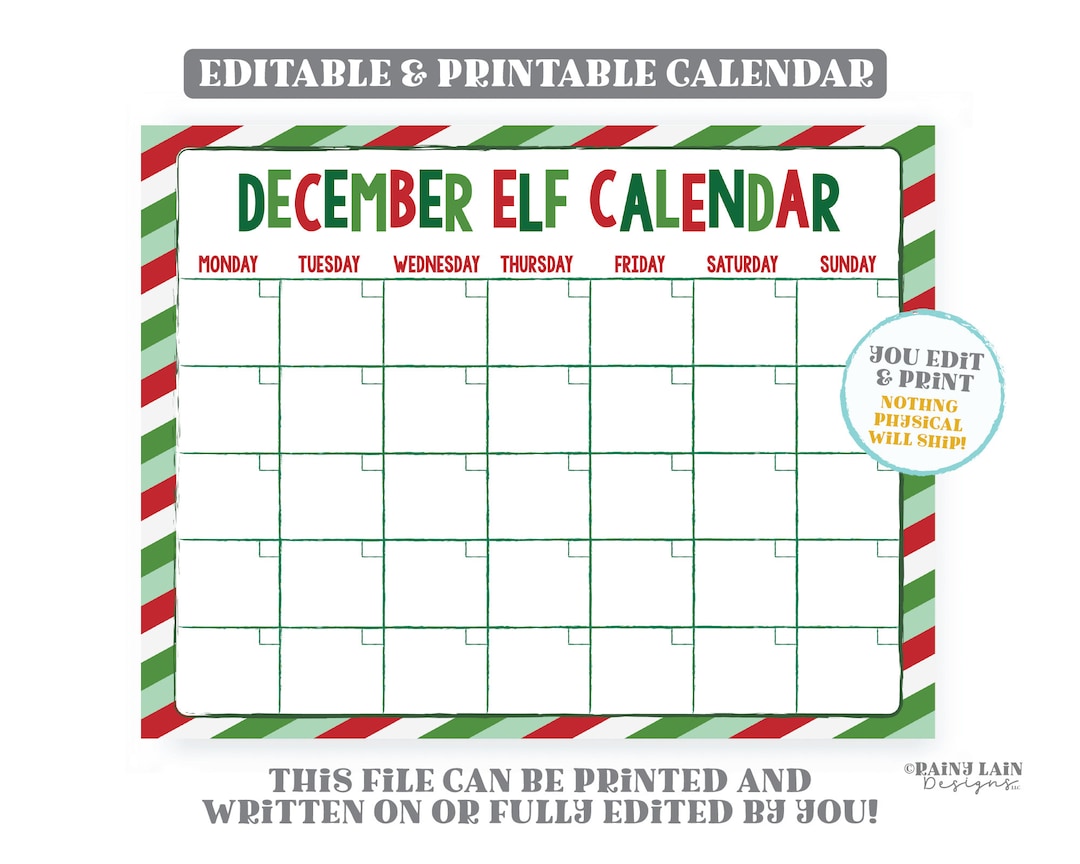 Elf Planning Calendar Printable Elf Calendar Editable Christmas Elf ...
