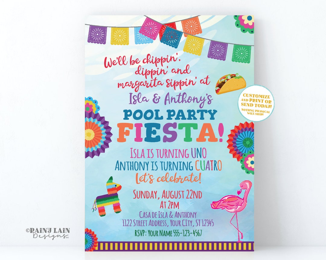 Joint Pool Party Invitation Editable Fiesta Invite Flamingo Sibling ...