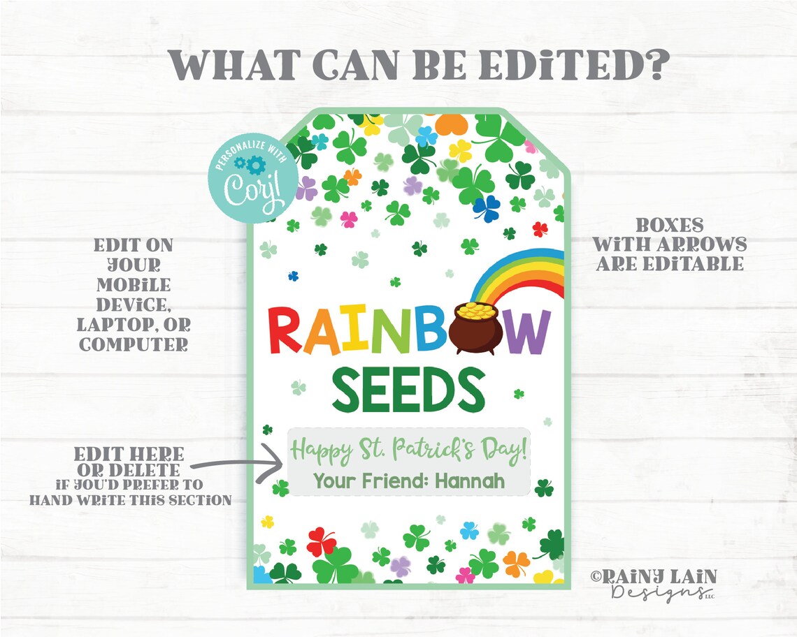 Rainbow Seeds Tag, St Patrick's Day Gift, Shamrocks, Candy, Pot of Gold ...