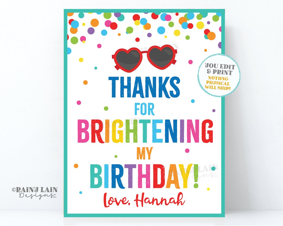 Thanks for Brightening My Birthday Tag Sunglasses Party Favor Tags Sun ...