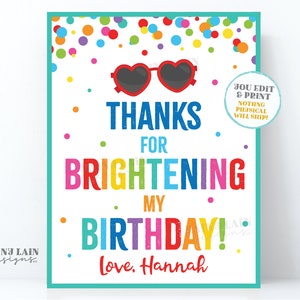 Thanks for Brightening My Birthday Tag Sunglasses Party Favor Tags Sun ...