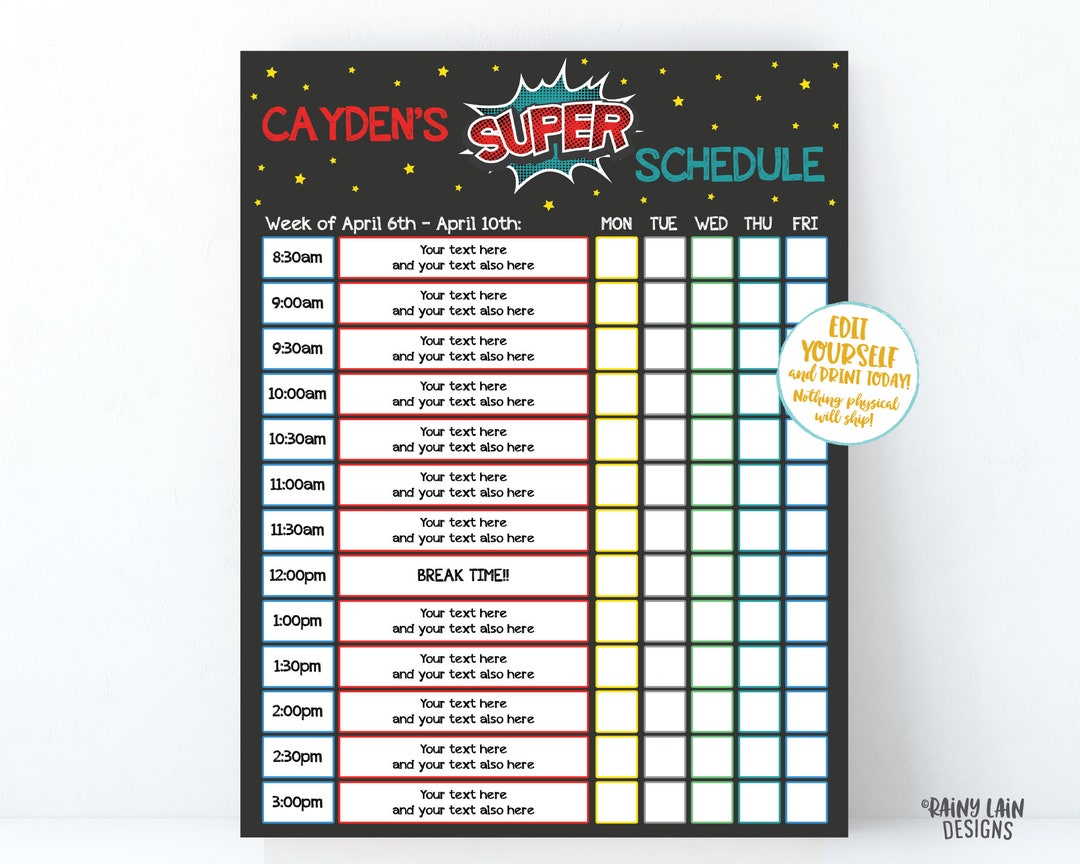 Editable Home School Schedule Superhero Printable Kids Schedule Daily ...