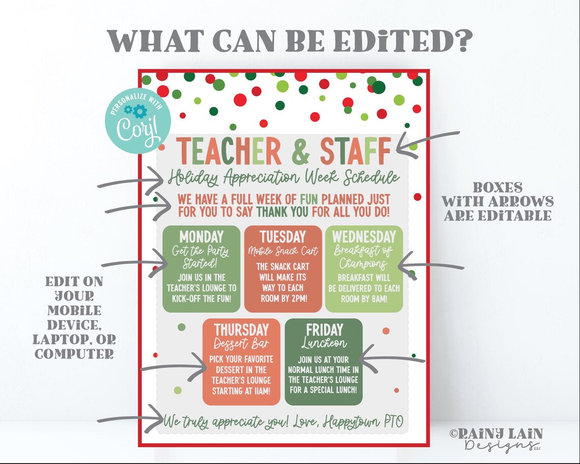 Editable Holiday Teacher Appreciation Week Schedule, Christmas Flyer ...