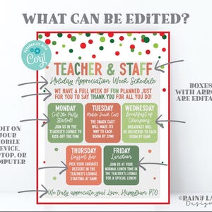 Editable Holiday Teacher Appreciation Week Schedule, Christmas Flyer ...
