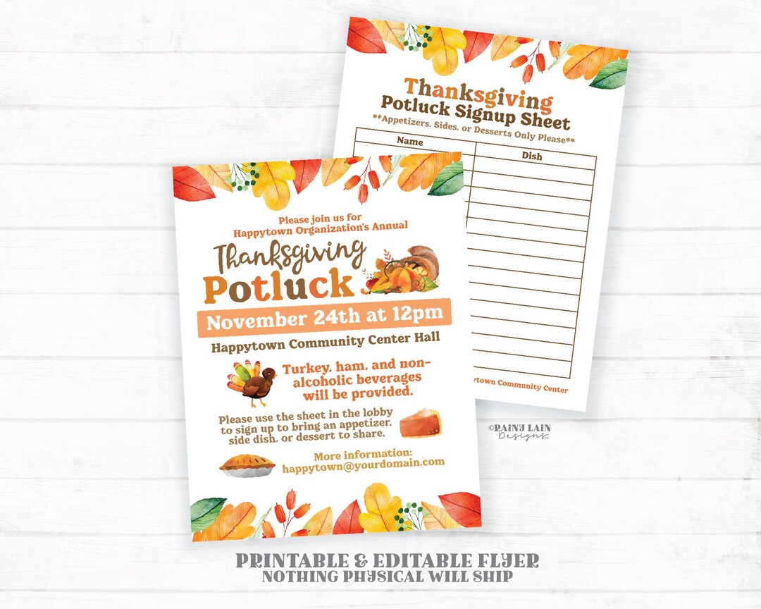 Editable Thanksgiving Potluck Flyer, Signup Sheet Template, Printable ...
