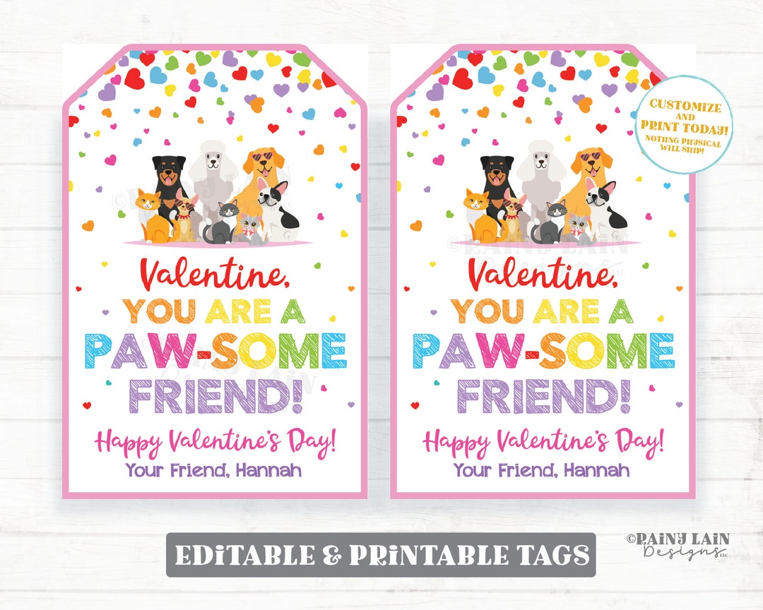 Pawsome Friend Valentine, Paw-some Valentine's Day Tag, Cat Kitten ...