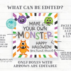Editable Make Your Own Monster Tag Printable Halloween Favor, Party ...