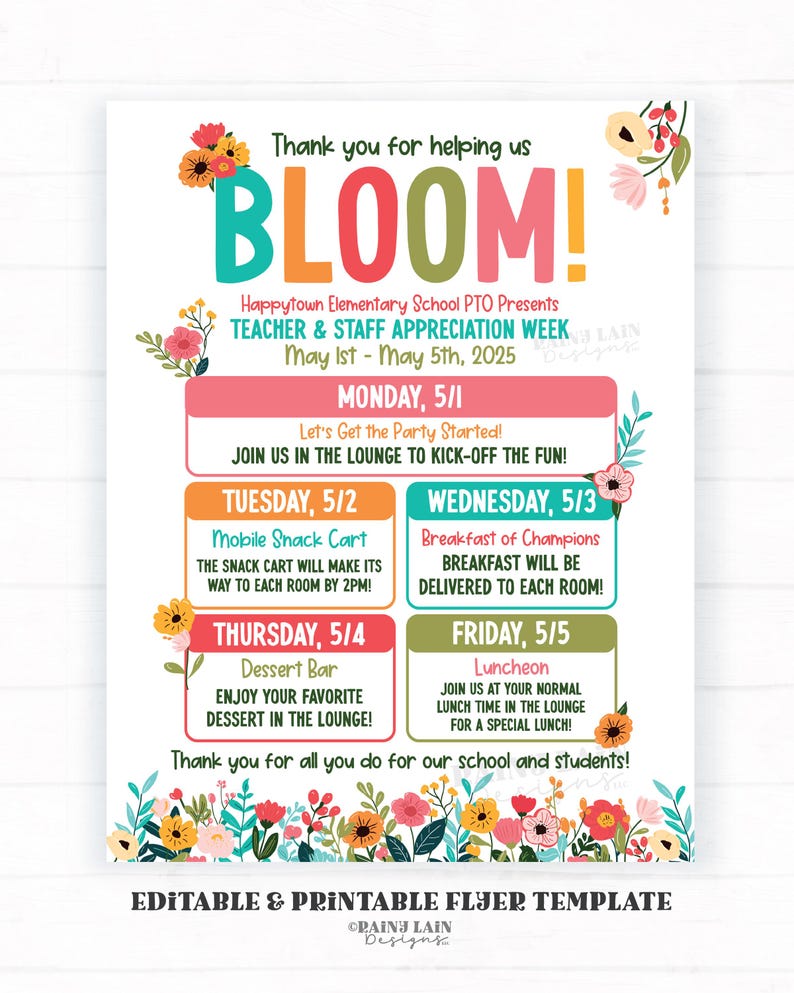 Editable Teacher Appreciation Week Flyer Template, Bloom, Grow, Floral ...