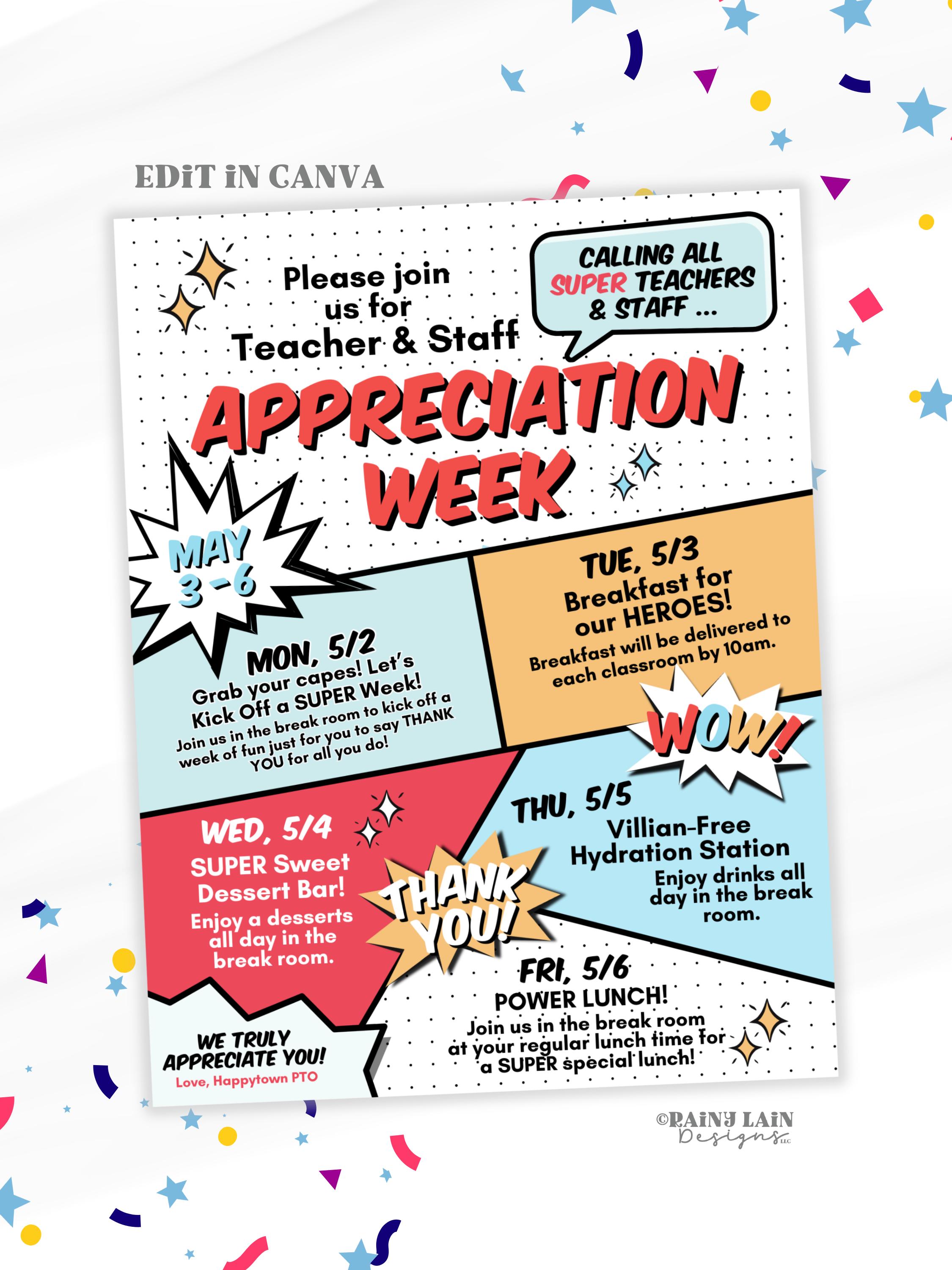Superhero Teacher Appreciation Flyer, Comic Book Schedule (editable ...