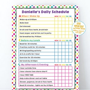Home School Schedule Editable Kid Schedule Rainbow Polka Dot Printable ...