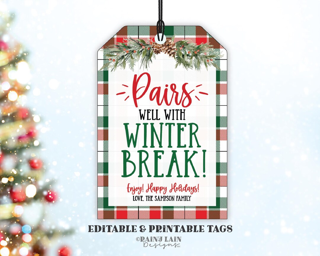 Pairs Well With Winter Break Wine Gift Tag, Editable Christmas Template ...