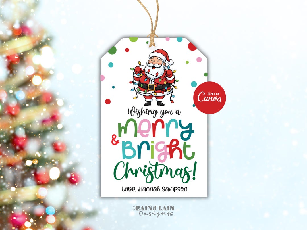 Christmas Lights Gift Tag, Merry and Bright Holiday, Printable ...