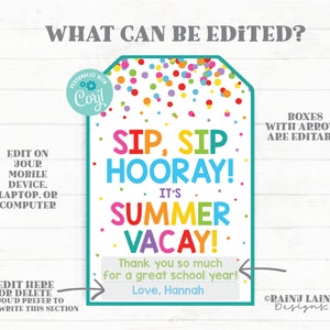 Sip Sip Hooray It's Summer Vacay Tags End of School Year Teacher Gift ...