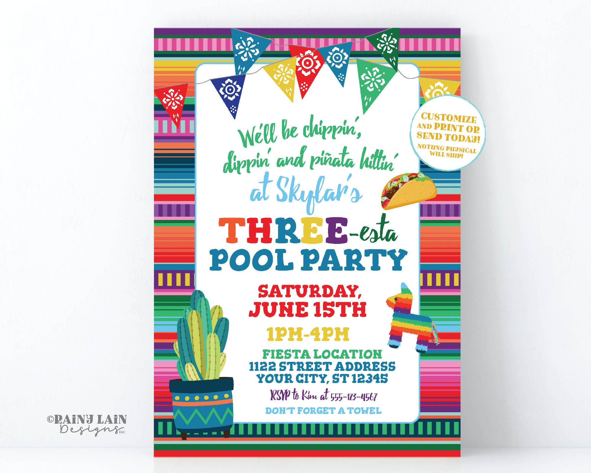 Three-esta Pool Party Invitation, Editable Fiesta Invite, Taco, Piñata ...