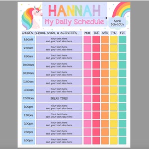 Editable Home School Schedule Unicorn Chore Chart Printable Kids ...