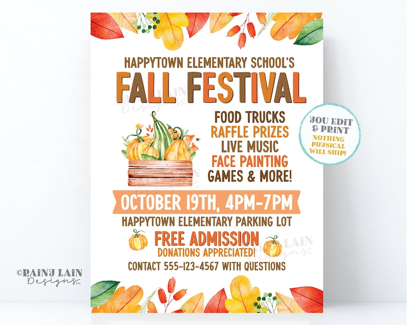 Editable Fall Festival Flyer Template, Harvest Invitation, Fundraiser ...