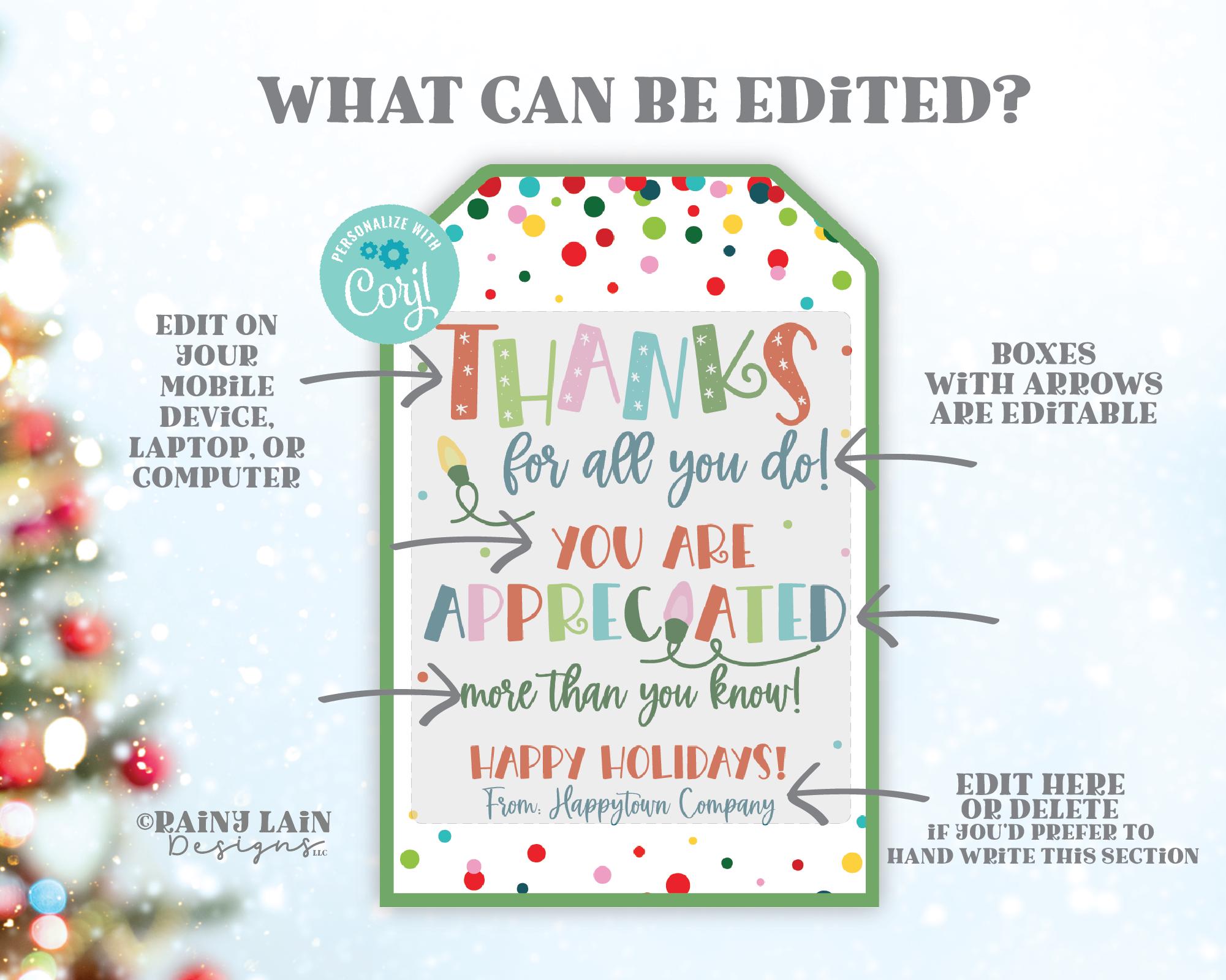 Editable Christmas Gift Tag Template, Thank You for All You Do, You Are ...