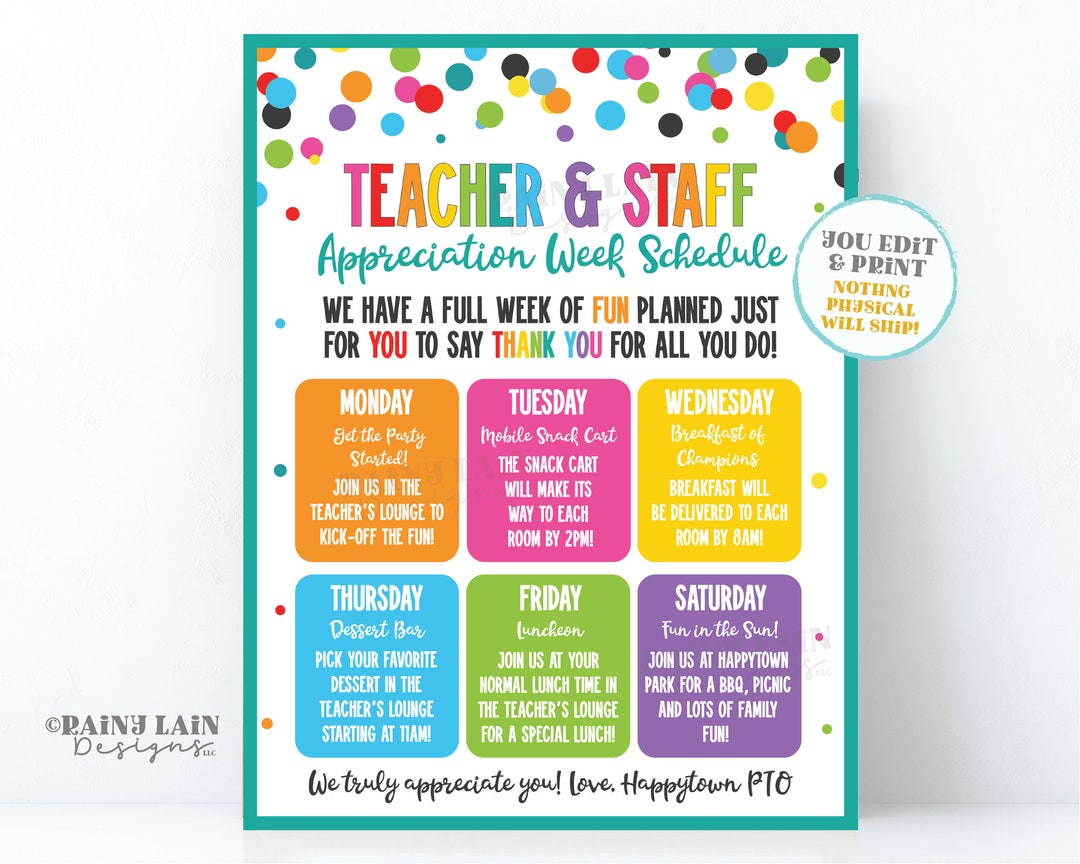Editable Teacher Appreciation Week Itinerary Flyer (digital Download ...