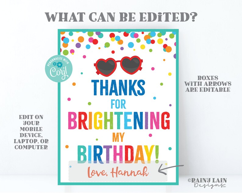 Thanks for Brightening My Birthday Tag Sunglasses Party Favor Tags Sun ...