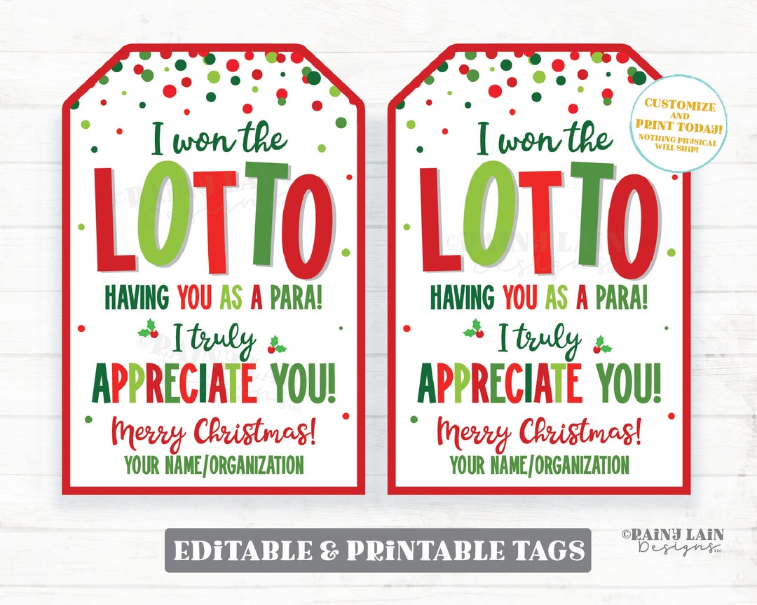 Editable Won the Lotto Tag Appreciate You Christmas Paraeducator Para ...