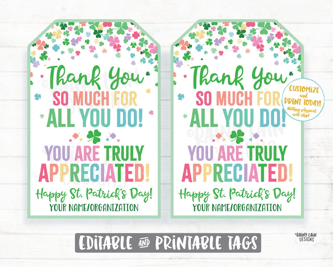 St Patrick's Day Gift Tag Thank You for All You Do Staff Appreciation ...