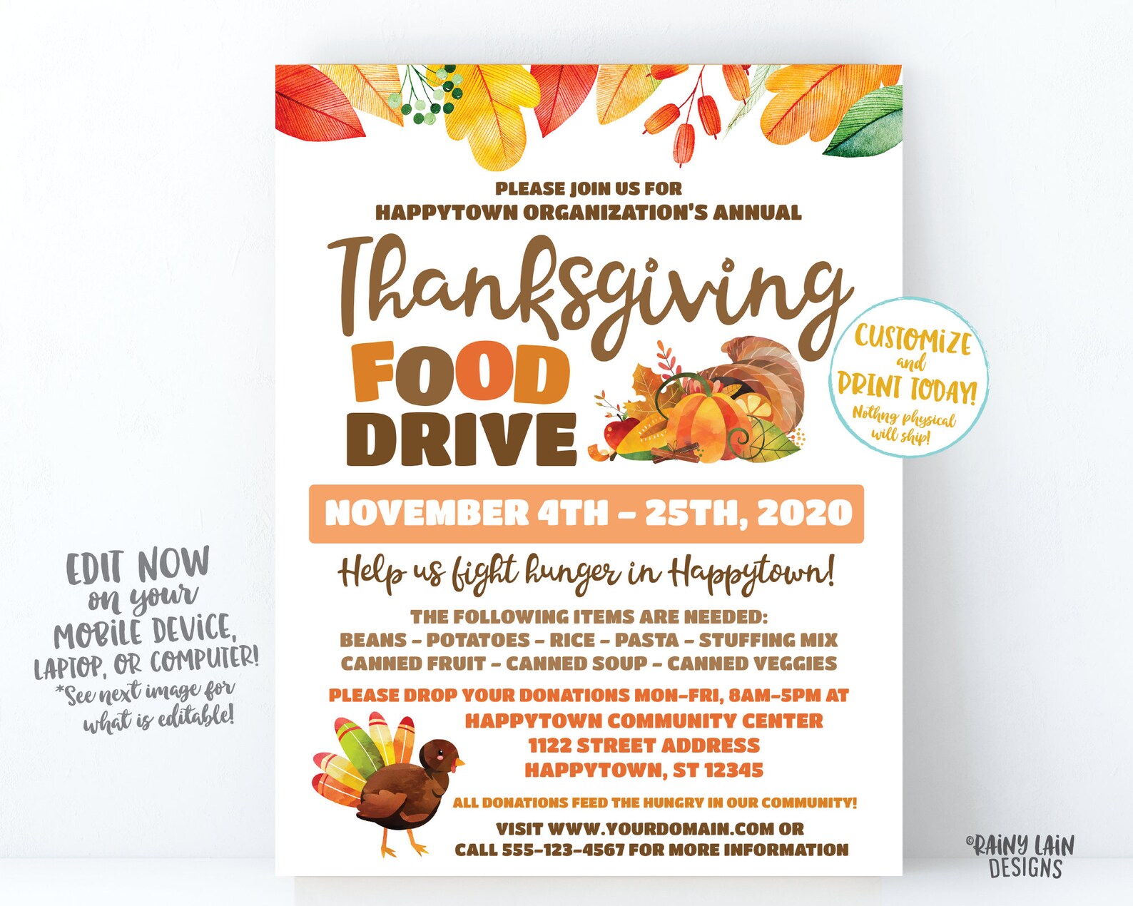 Thanksgiving Food Drive Flyer, Fall Food Drive, Autumn Food Drive ...