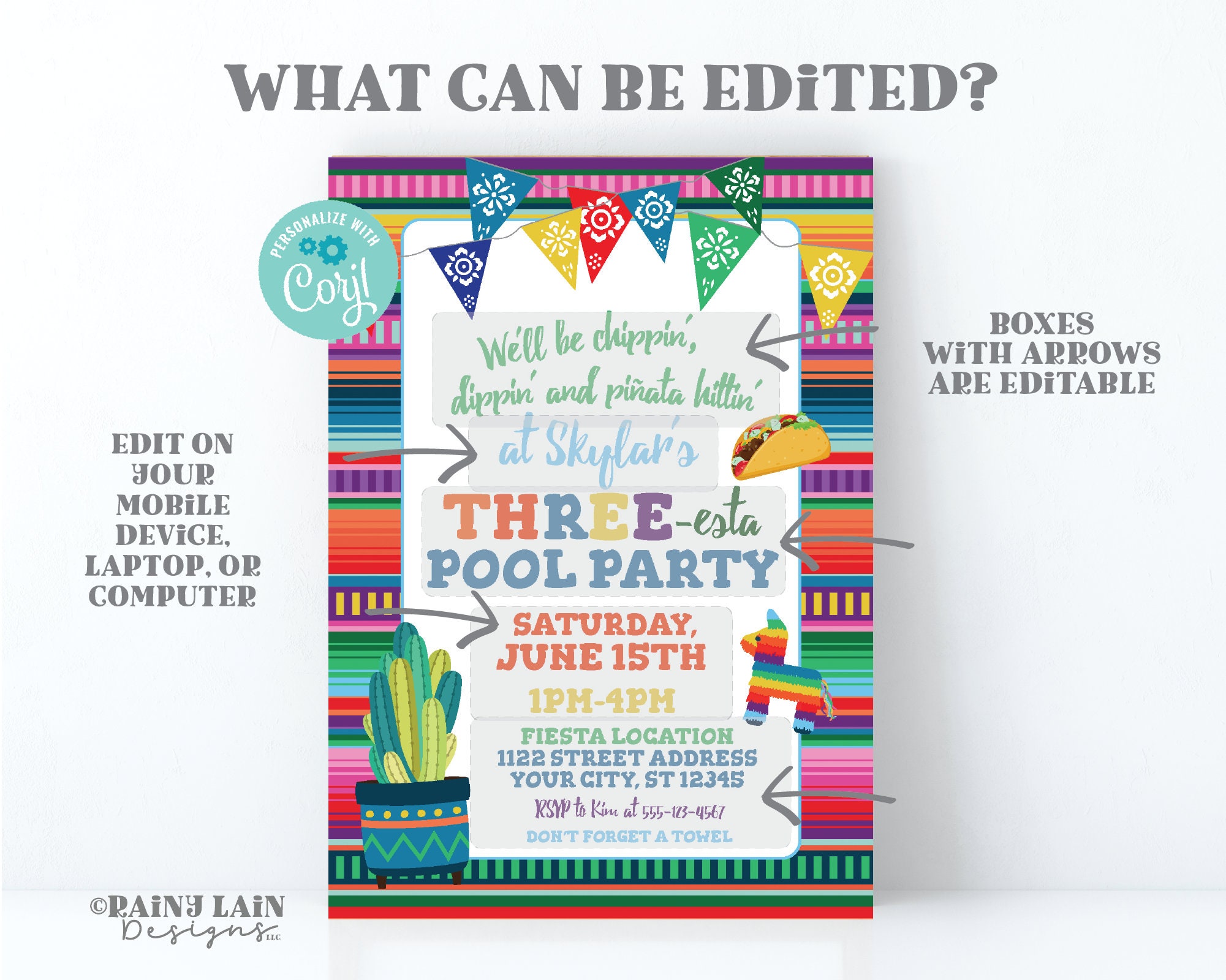 Three-esta Pool Party Invitation, Editable Fiesta Invite, Taco, Piñata ...