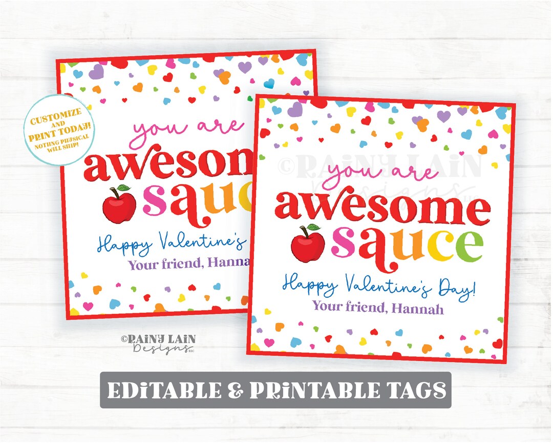 Applesauce Valentine Tag, Awesome Sauce Valentine's Day Gift Tag, Apple ...