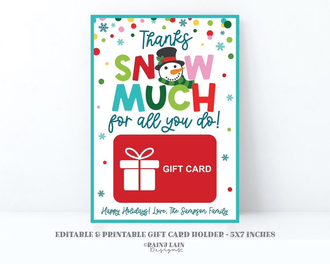 Thanks SNOW Much for All You Do Gift Card Holder, Editable Holiday ...