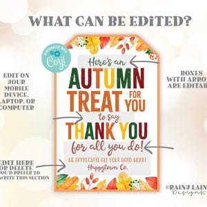 Autumn Treat Thank You Tag Fall Appreciation Gift Tags Thanksgiving ...
