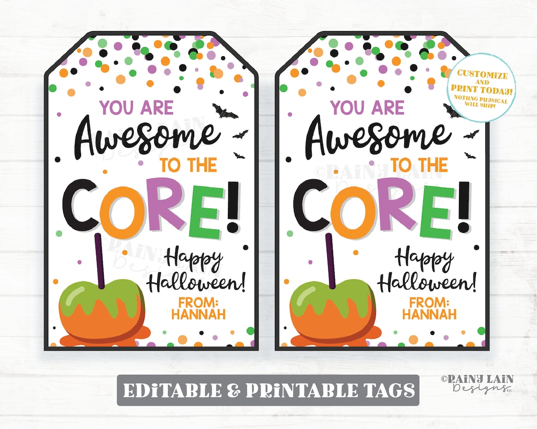 Awesome to the Core Halloween Tag Candy Apple Caramel Thank You Gift ...