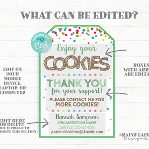 Editable Cookie Thank You Tag Cookies Fundraiser Booth Printable Sales ...
