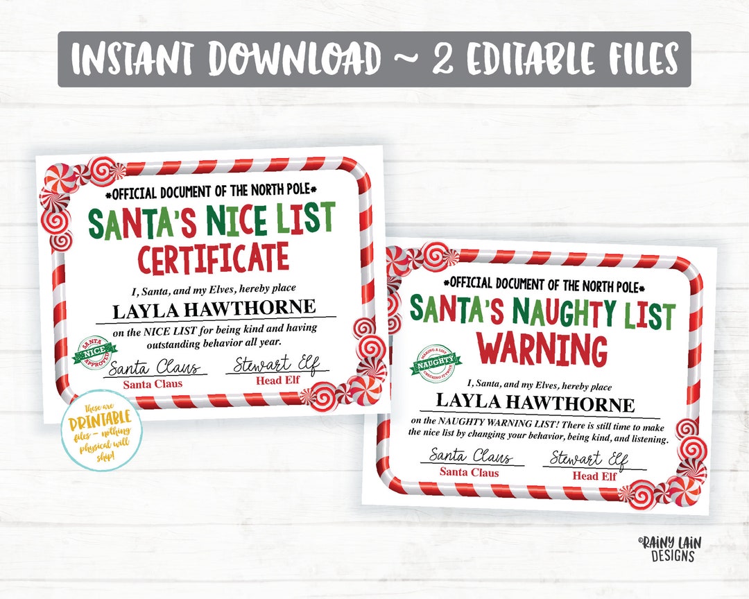 Editable Santa's Nice/naughty List Certificate Set, Printable Digital ...