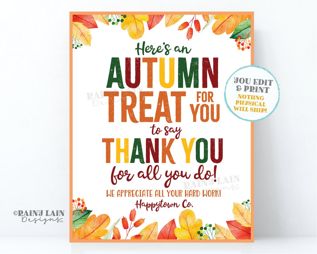 Autumn Treat Thank You Sign Fall Appreciation Gift Card Thanksgiving ...