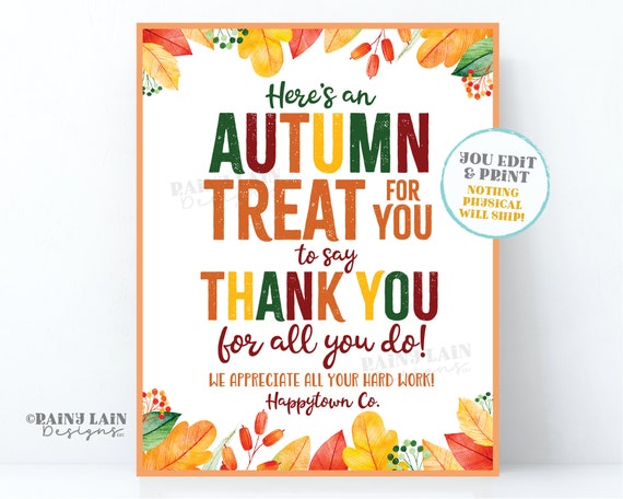 Autumn Treat Thank You Sign Fall Appreciation Gift Card | Etsy